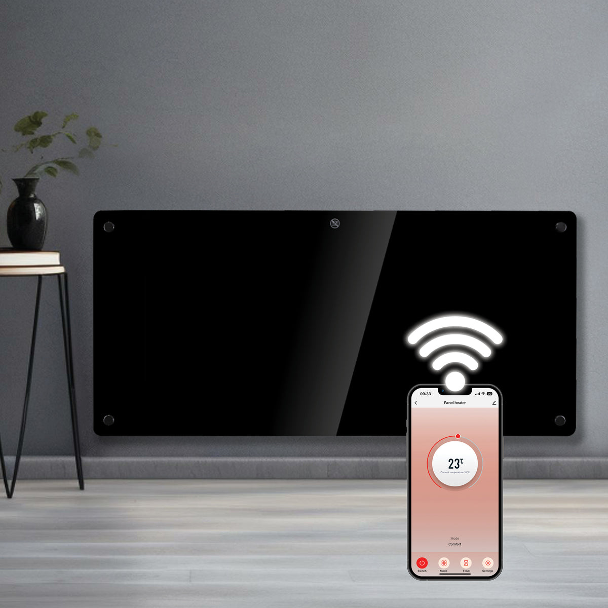 Futura 2000W Black Glass Electric Panel Heater WiFi Wall Mounted ...