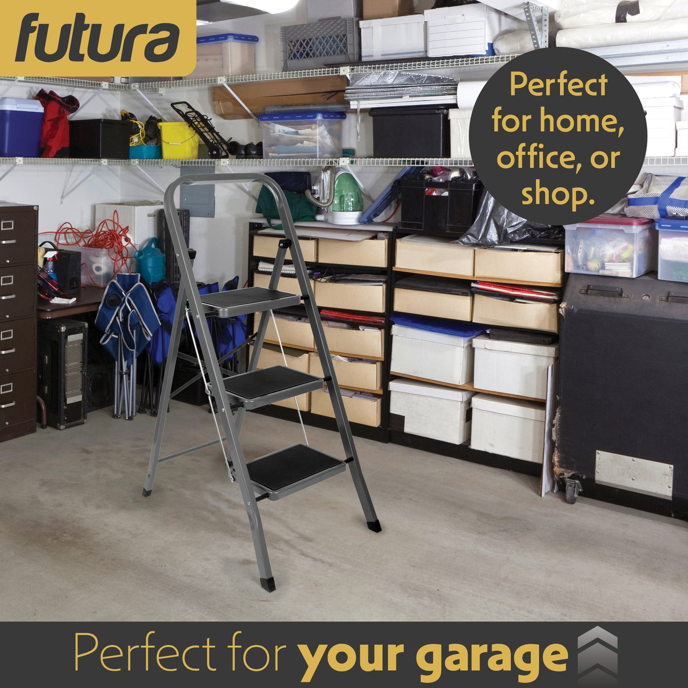 Futura Grey 3 Step Ladder Heavy-Duty Steel Folding 150kg Load Capacity ...