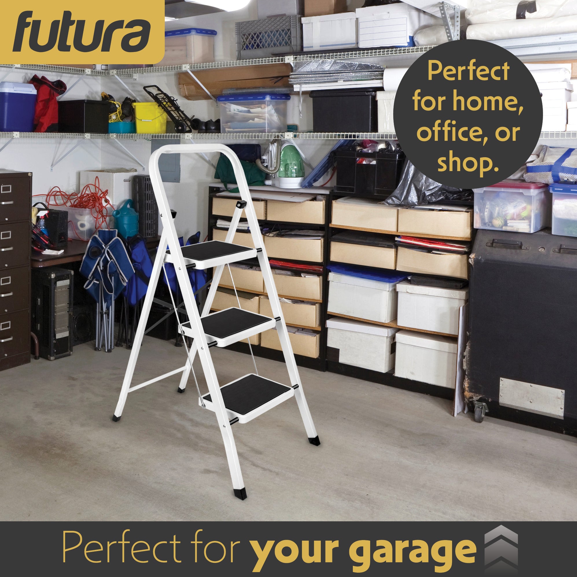 Futura White 3 Step Ladder Heavy-Duty Steel Folding 150kg Capacity ...