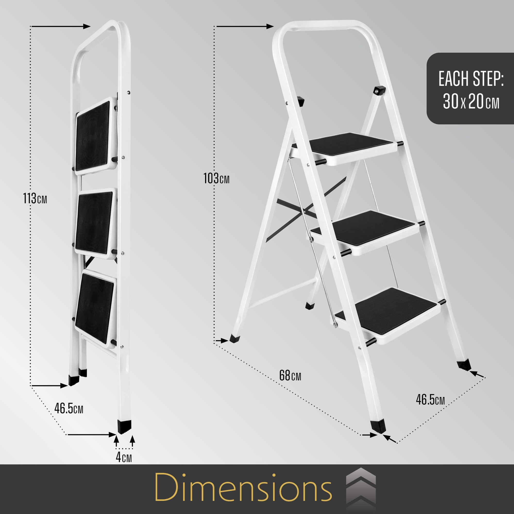 Futura White 3 Step Ladder Heavy-Duty Steel Folding 150kg Capacity ...
