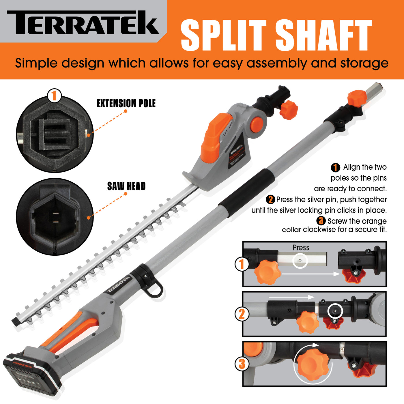 Terratek Long Reach Hedge Trimmer | 20V Cordless Pole Cutter with 2 Ba ...